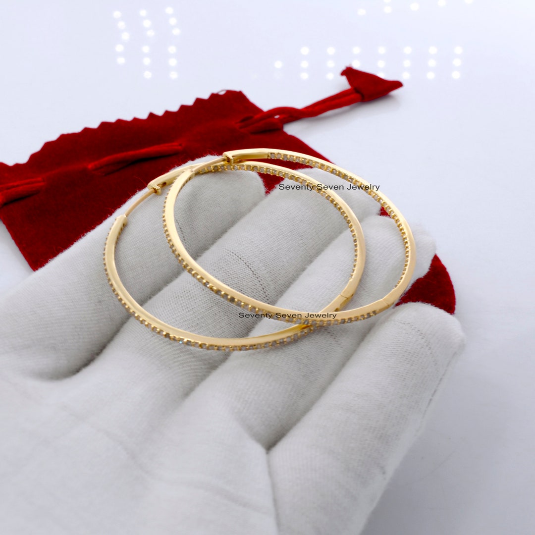 9K Gold Large Hoop Earrings, Gold Diamond Hoops, Gold Long Hoops, 9K ...