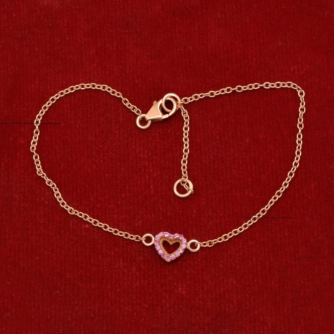Pink Sapphire Heart Bracelet, Dainty Pave Heart Bracelet, Minimalist ...