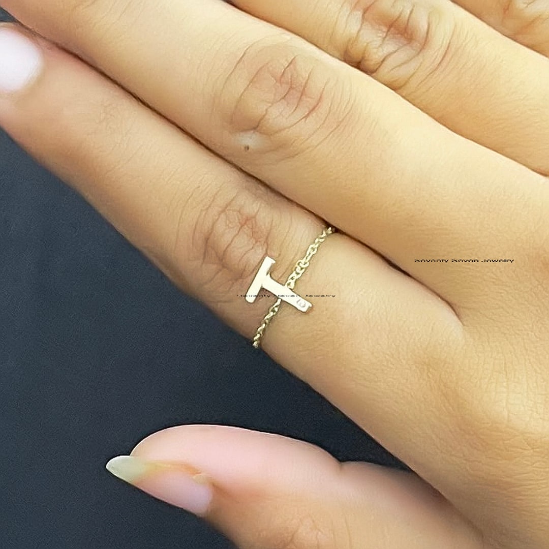 Solid 14K Gold Diamond Initial Ring, Personalized Gold Chain Ring ...