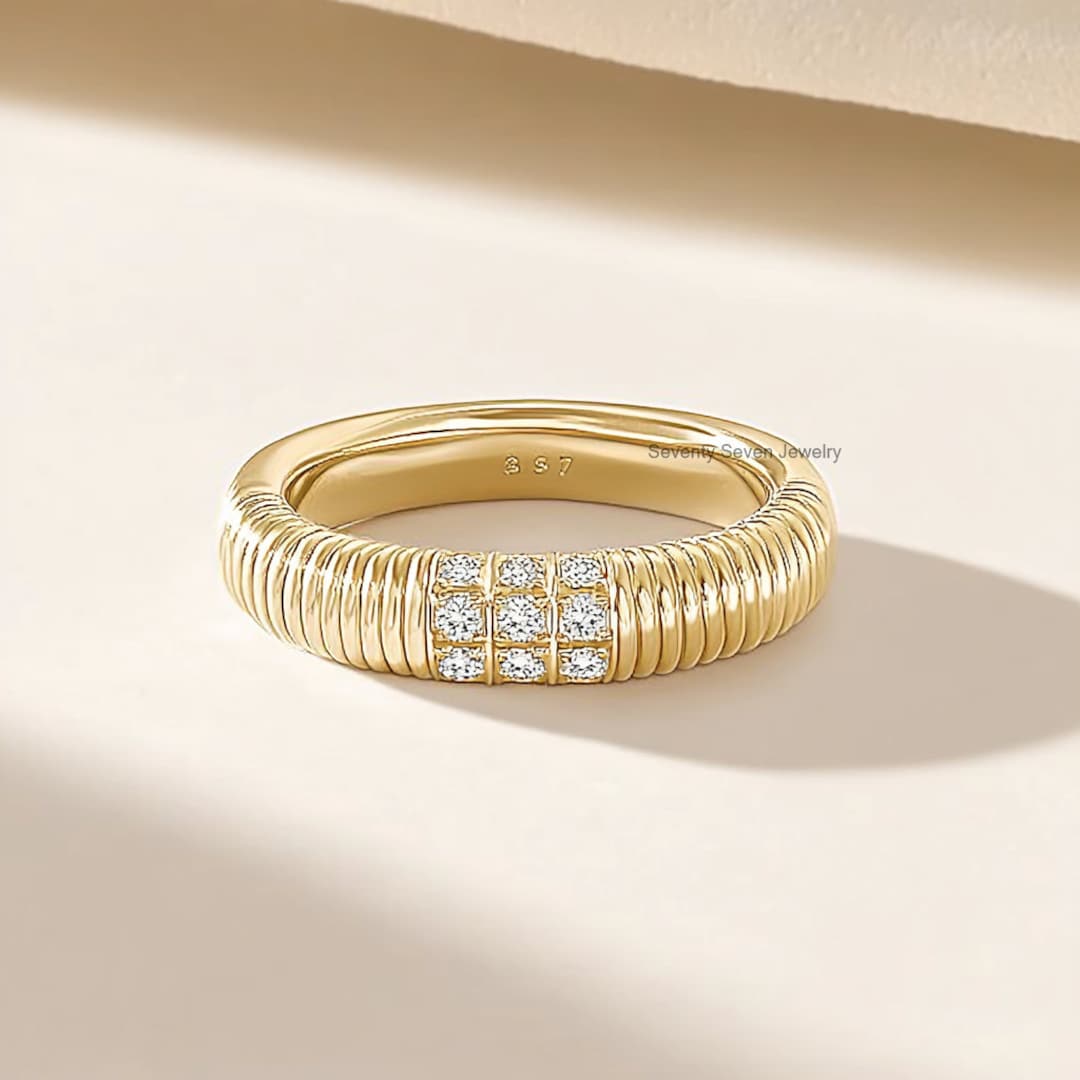14K Gold Plated Fluted Band Ring, Line Pave Dome Ring, Moissanite ...