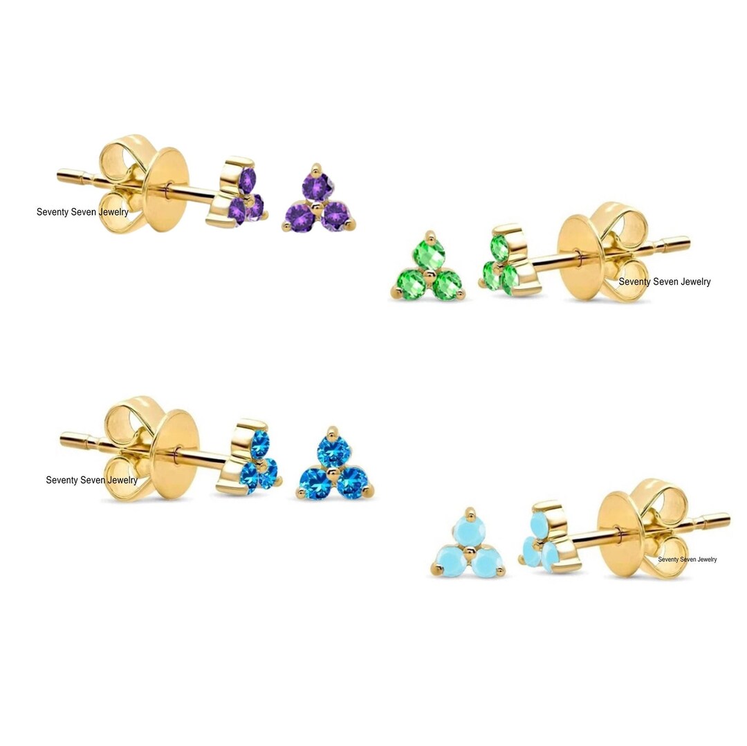Solid 14K Turquoise Trinity Studs, Three Stone Cluster Studs, Gemstone Trinity Studs, Gold Trio ...