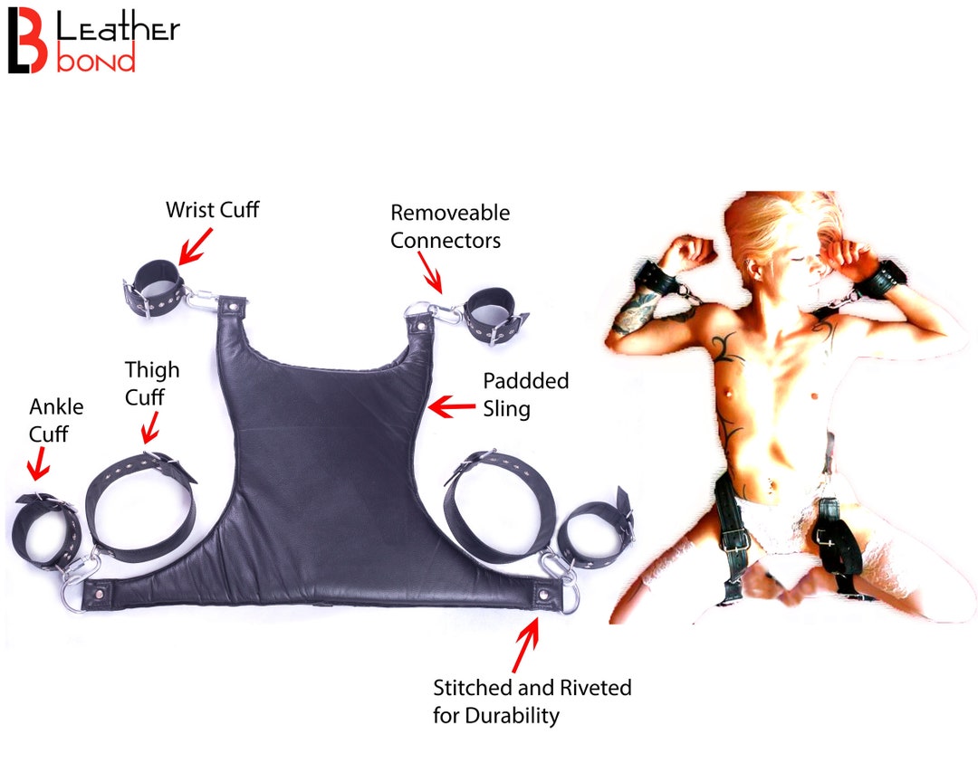 Cowhide Leather Sex Posture Sling With Wrist Ankle And Thigh Cuffs And