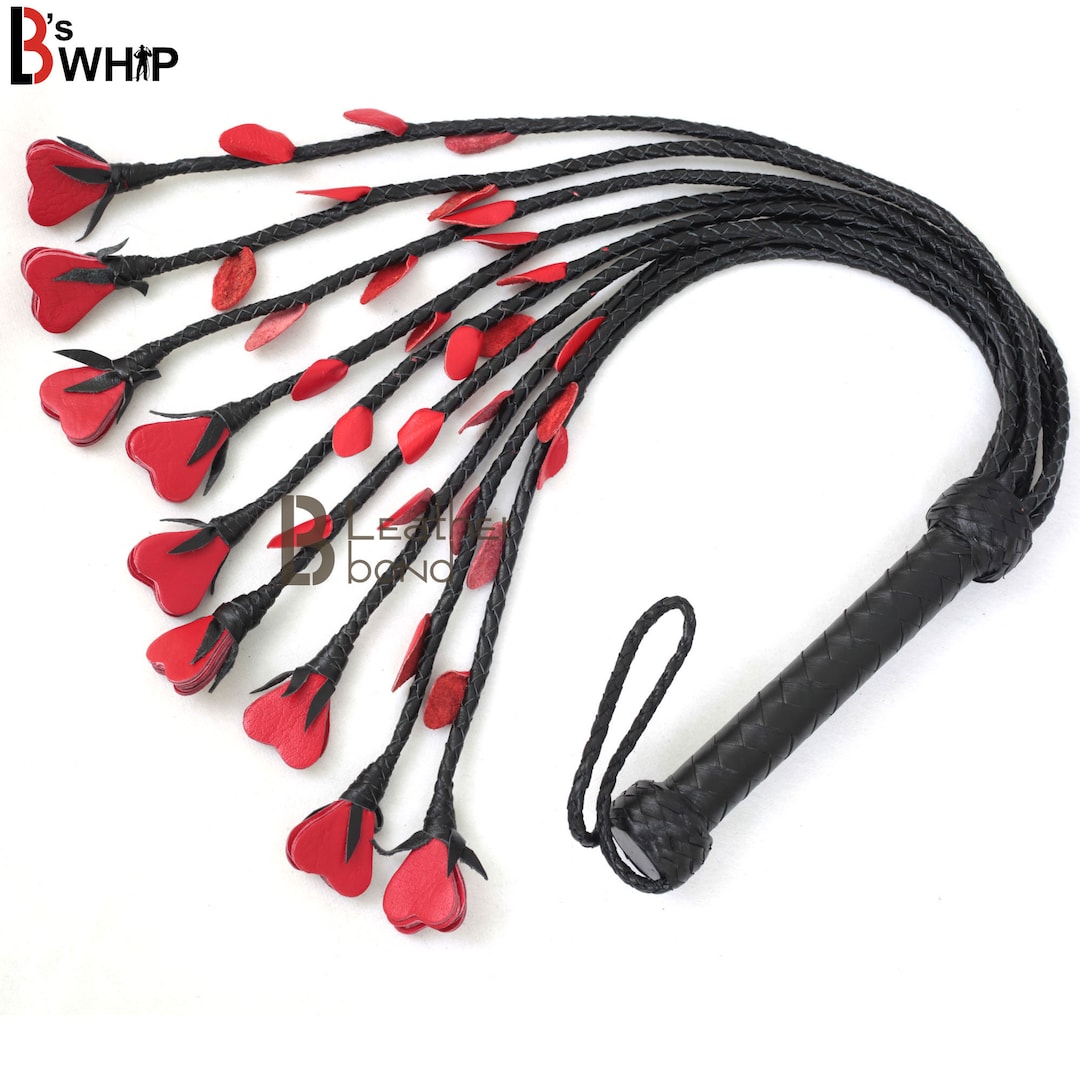 Real Genuine Cow Hide Leather Flogger 9 Braided Falls With Red Hearts ...