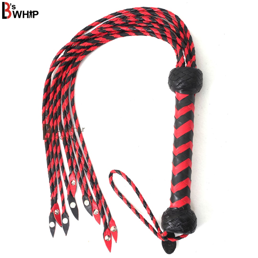 Real Genuine Cow Hide Leather Flogger Red & Black Cat O Nine Braided ...
