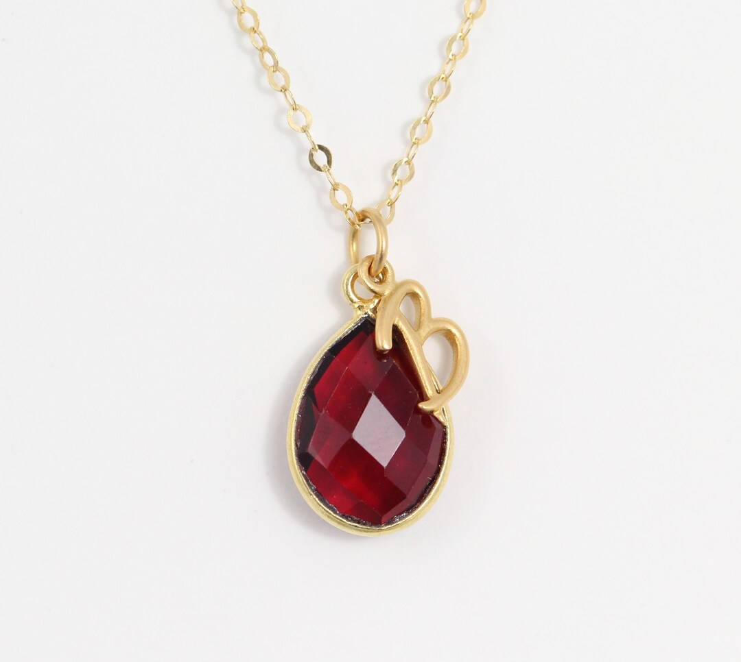 Garnet Necklace With Initial in Gold, Raw Gemstone Jewelry, Garnet ...