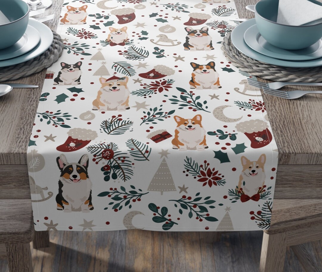 Corgi Christmas Table Runner (cotton, Poly) , Pembroke Welsh Corgi, Tri ...