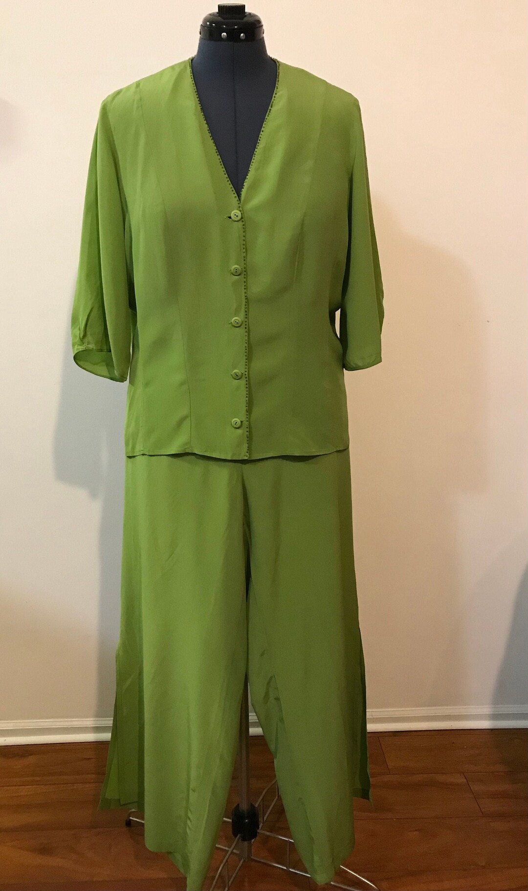 Traje De 2 Piezas, 100% Seda Natural, Crepdchine 14, Color Verde ...