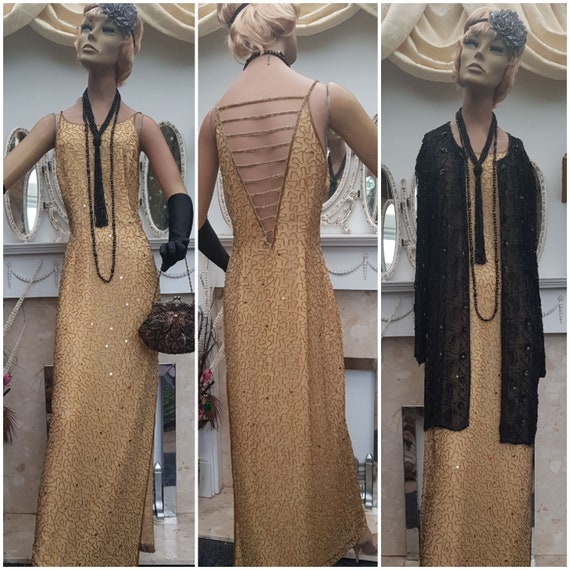 1930's Downton Abbey Formal Evening Dress Golden Bead… - Gem