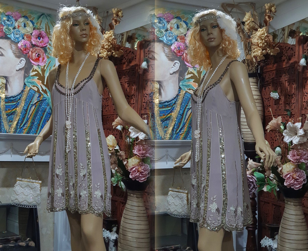 Beaded Flapper Dress 1920's Great Gatsby Flapper Dress Beige Art Deco ...