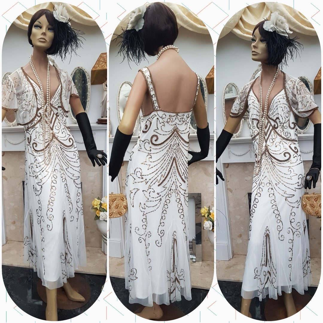1920's Downton Abbey Formal Evening Dress Art Deco Beaded Sequin Sheer ...