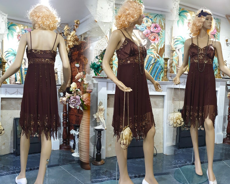 1920's Great Gatsby Flapper Dress, Silk Beaded Flapper, Chocolate Brown ...