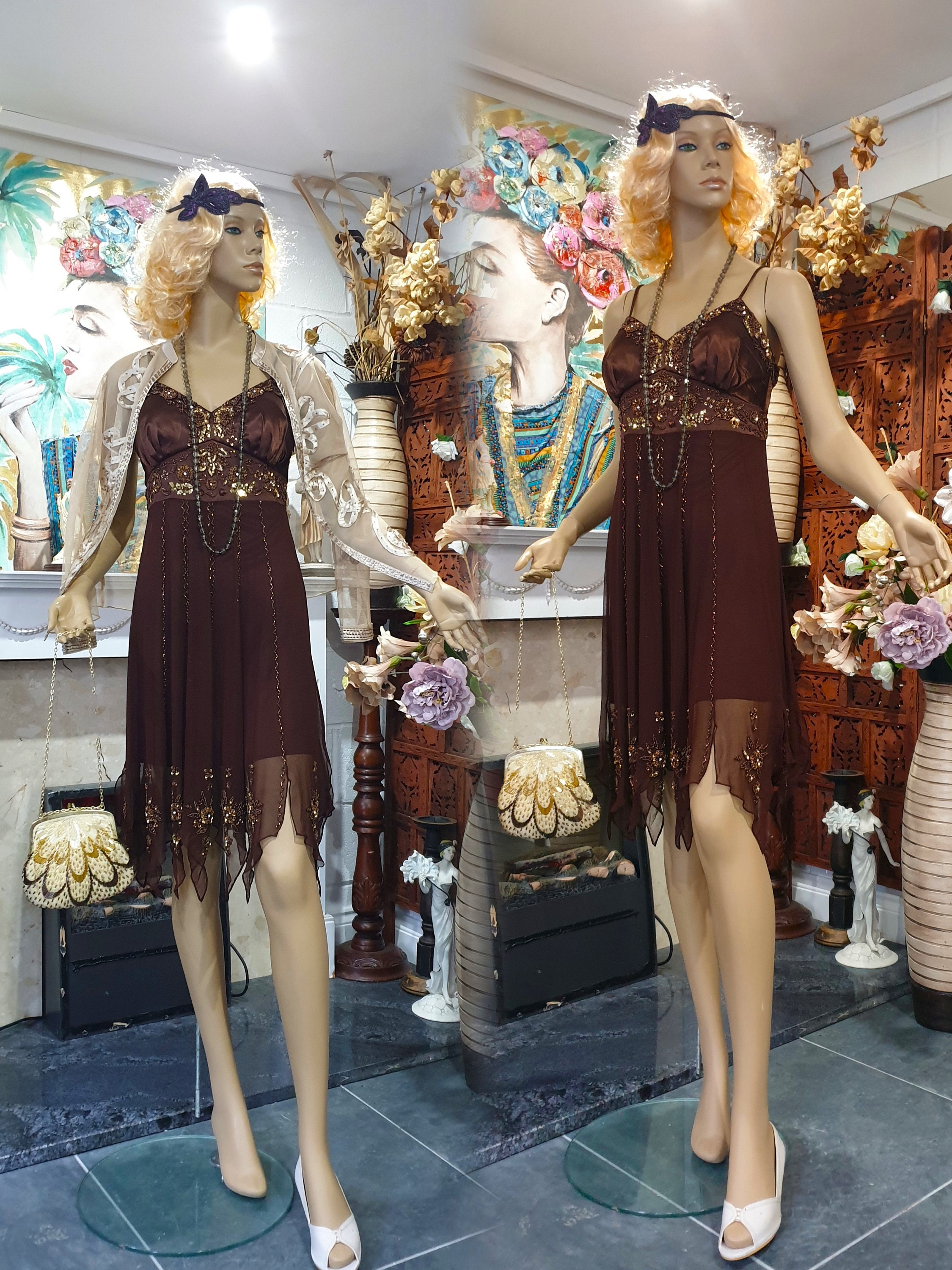 1920's Great Gatsby Flapper Dress, Silk Beaded Flapper, Chocolate Brown ...