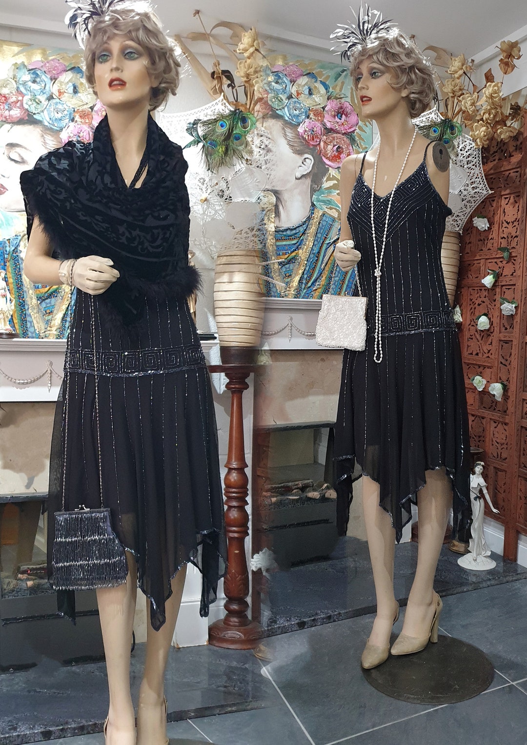 20's 30's Flapper Dress, Art Deco Beaded Dress, Drop Waist Hanky Hem ...