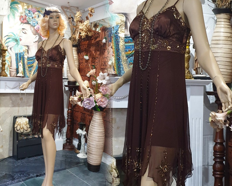 1920's Great Gatsby Flapper Dress, Silk Beaded Flapper, Chocolate Brown ...