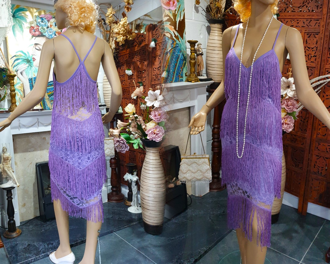 1920's Gatsby Flapper Dress, Charleston Fringed Flapper, Purple Lace ...