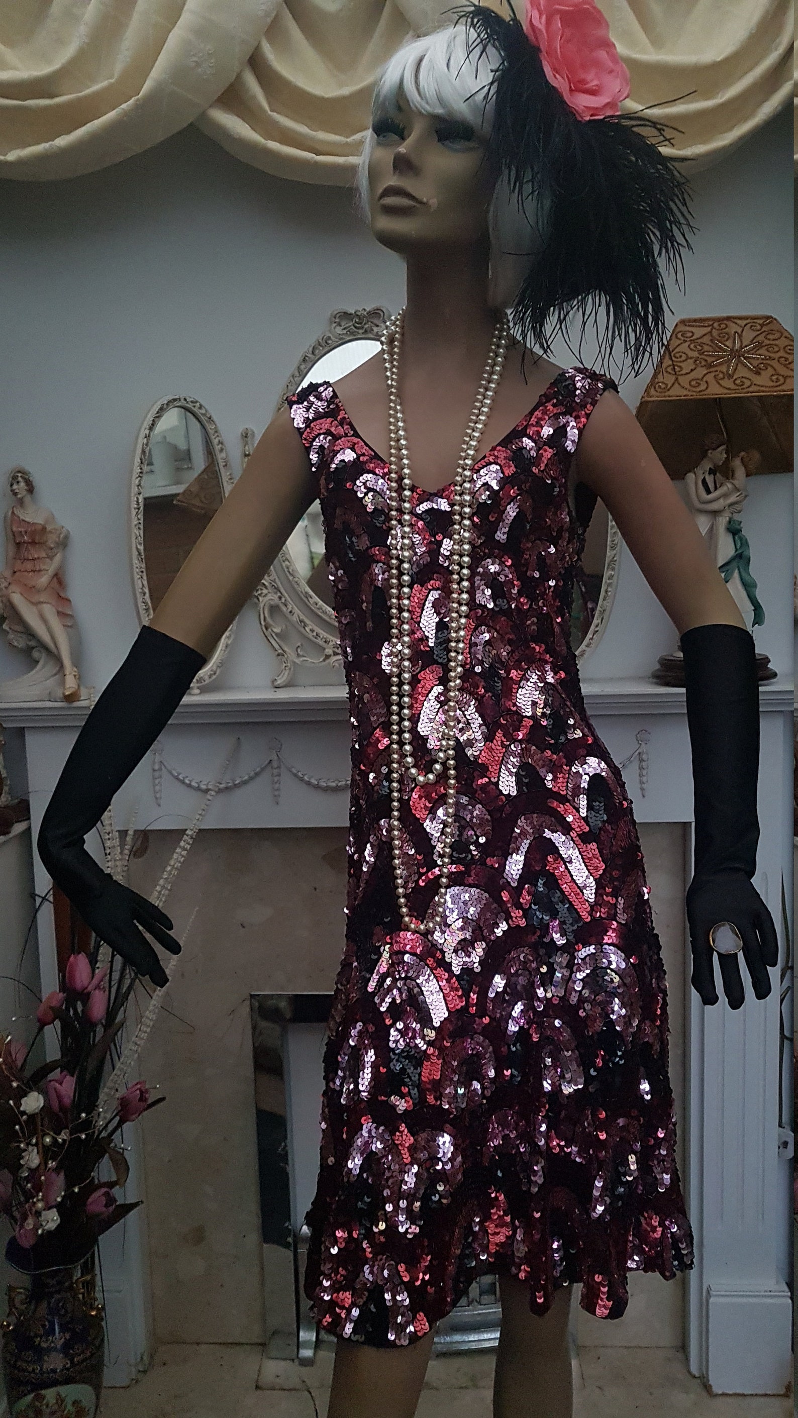 1920's Great Gatsby Flapper Dress, Bias Cut Heavily Embellished Mesh ...