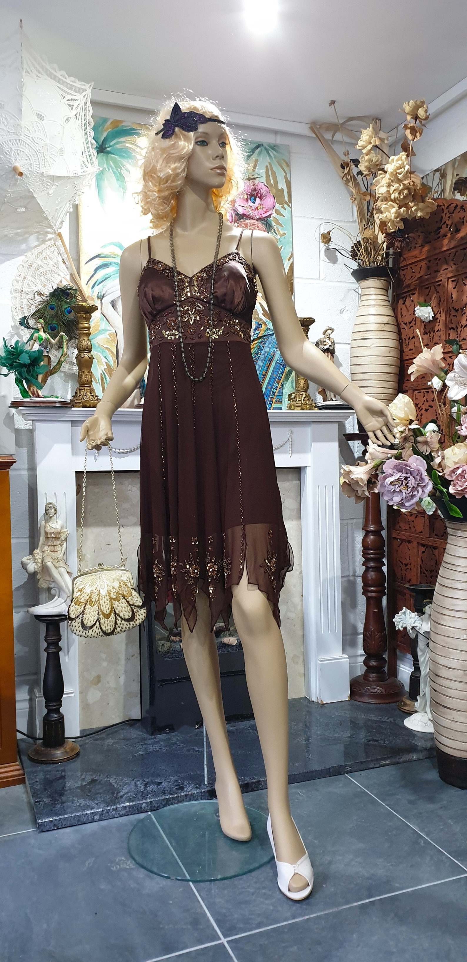 1920's Great Gatsby Flapper Dress, Silk Beaded Flapper, Chocolate Brown ...