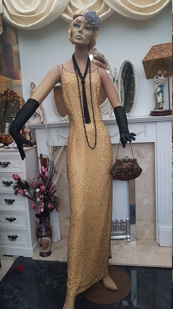 1930's Downton Abbey Formal Evening Dress Golden Bead… - Gem