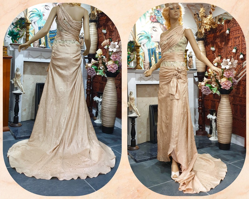 Gold Grecian Goffered Silk Dress Art Deco Evening Wedding Dress ...
