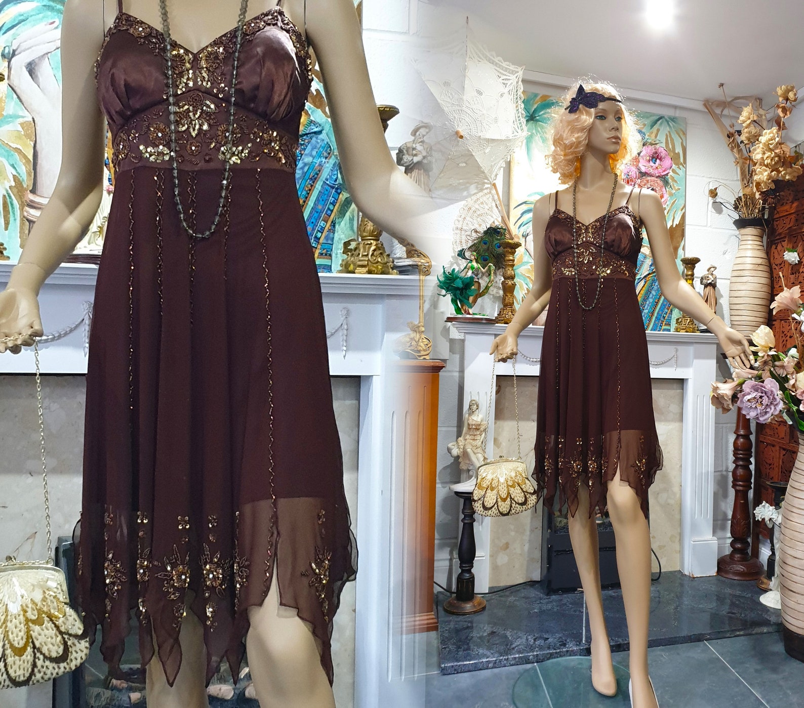 1920's Great Gatsby Flapper Dress, Silk Beaded Flapper, Chocolate Brown ...