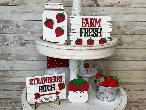 Strawberry Tiered Tray Set Strawberry Patch 3D Wood Signs - Etsy