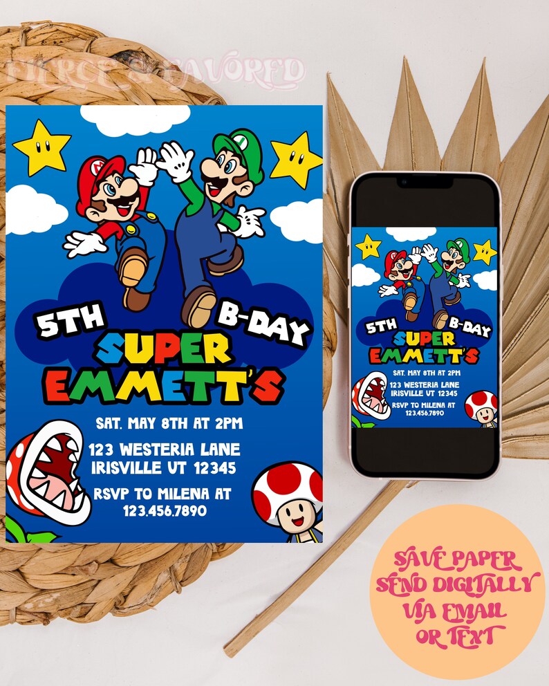 Super Mario Themed Birthday Invite Mario Birthday Invite Mario Inspired ...