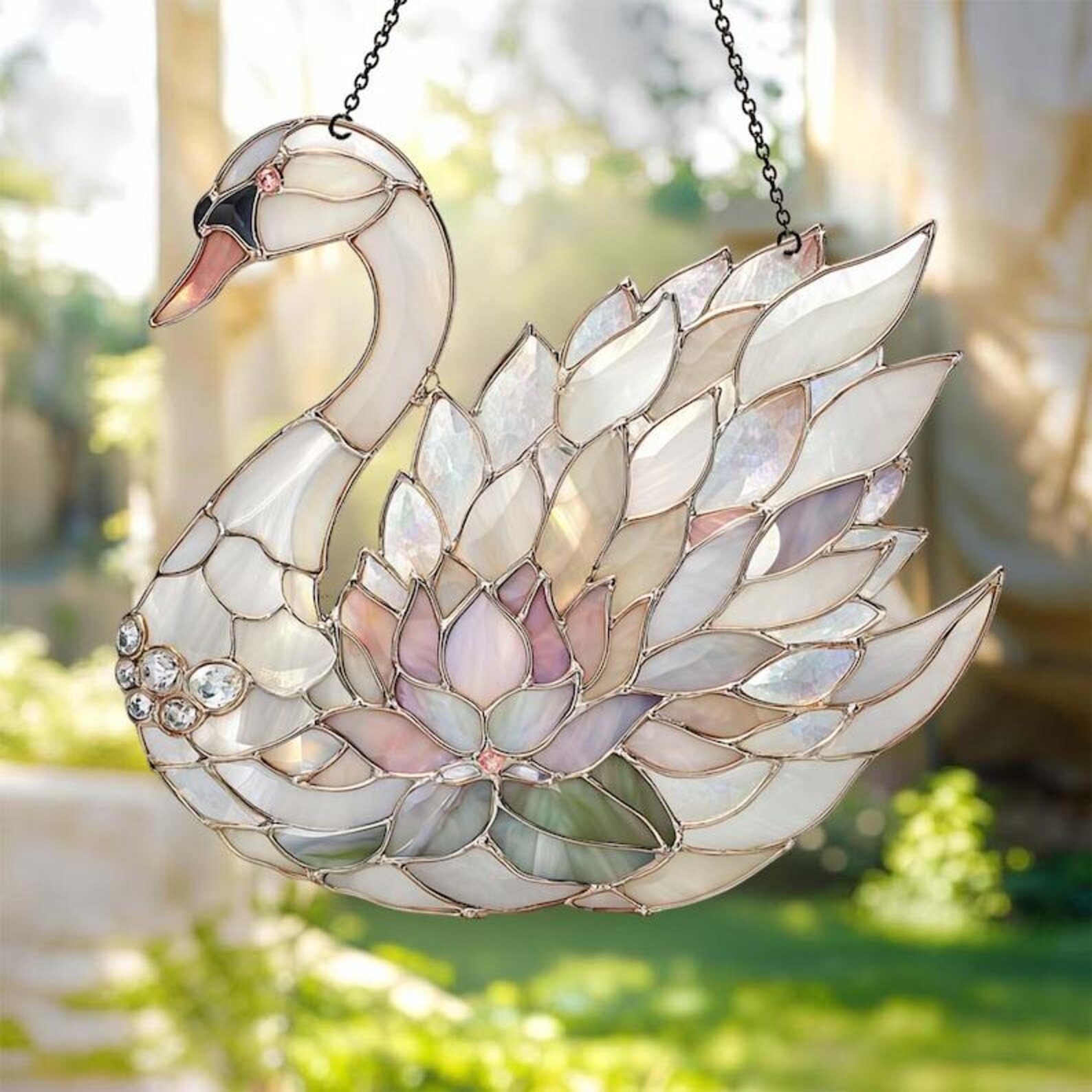 Swan Lotus Stained Glass Suncatcher, Elegant White Swan Window Hanging ...