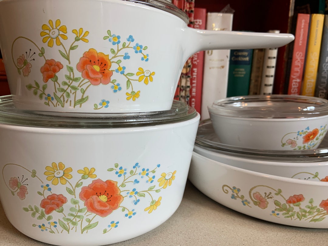 Vintage Corning Ware Wildflower Range Topper, Skillet and Sauce Pans ...