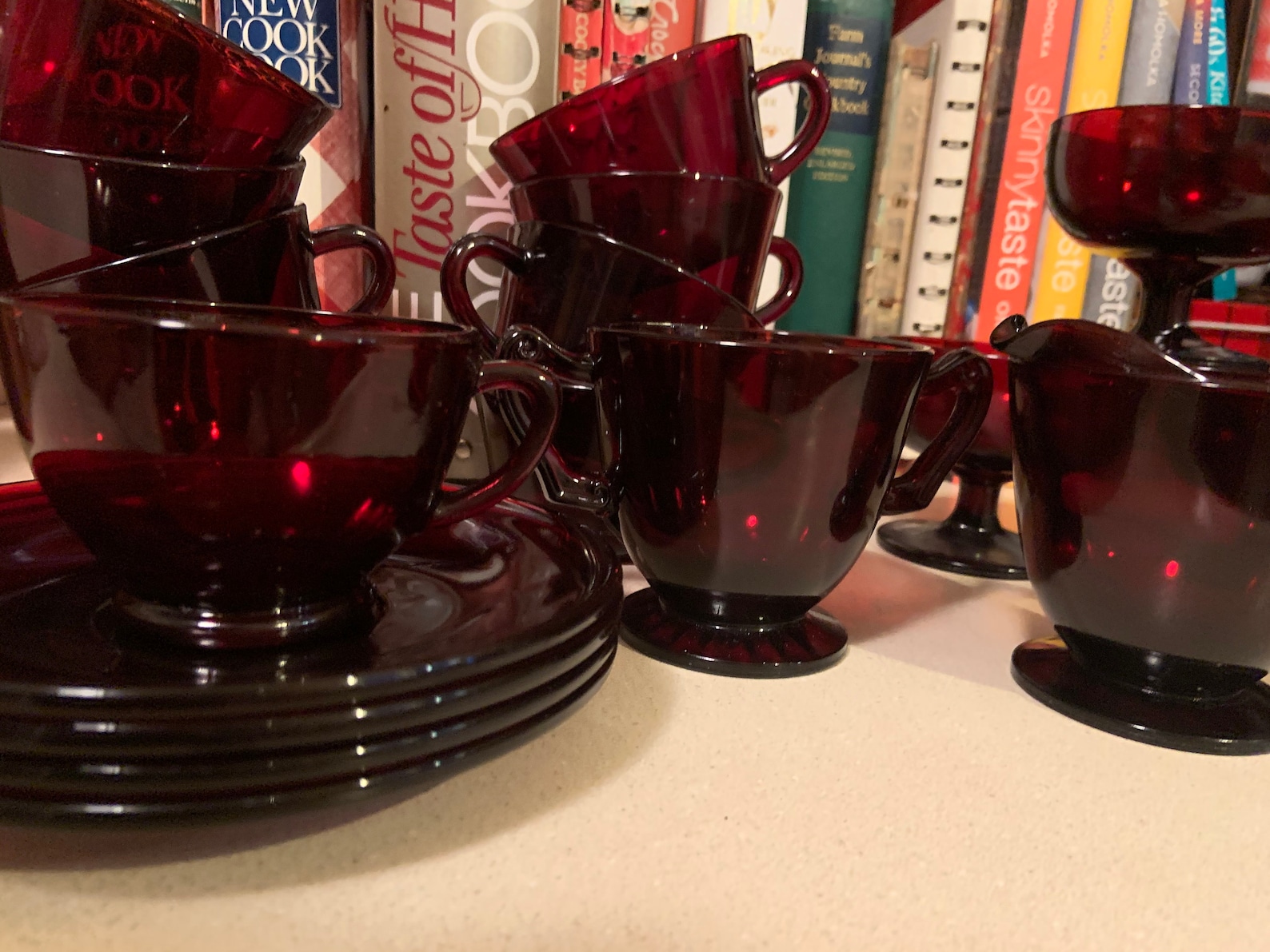 Vintage Anchor Hocking Ruby Red Glass Set: Cups, Sugar Bowl, Creamer ...