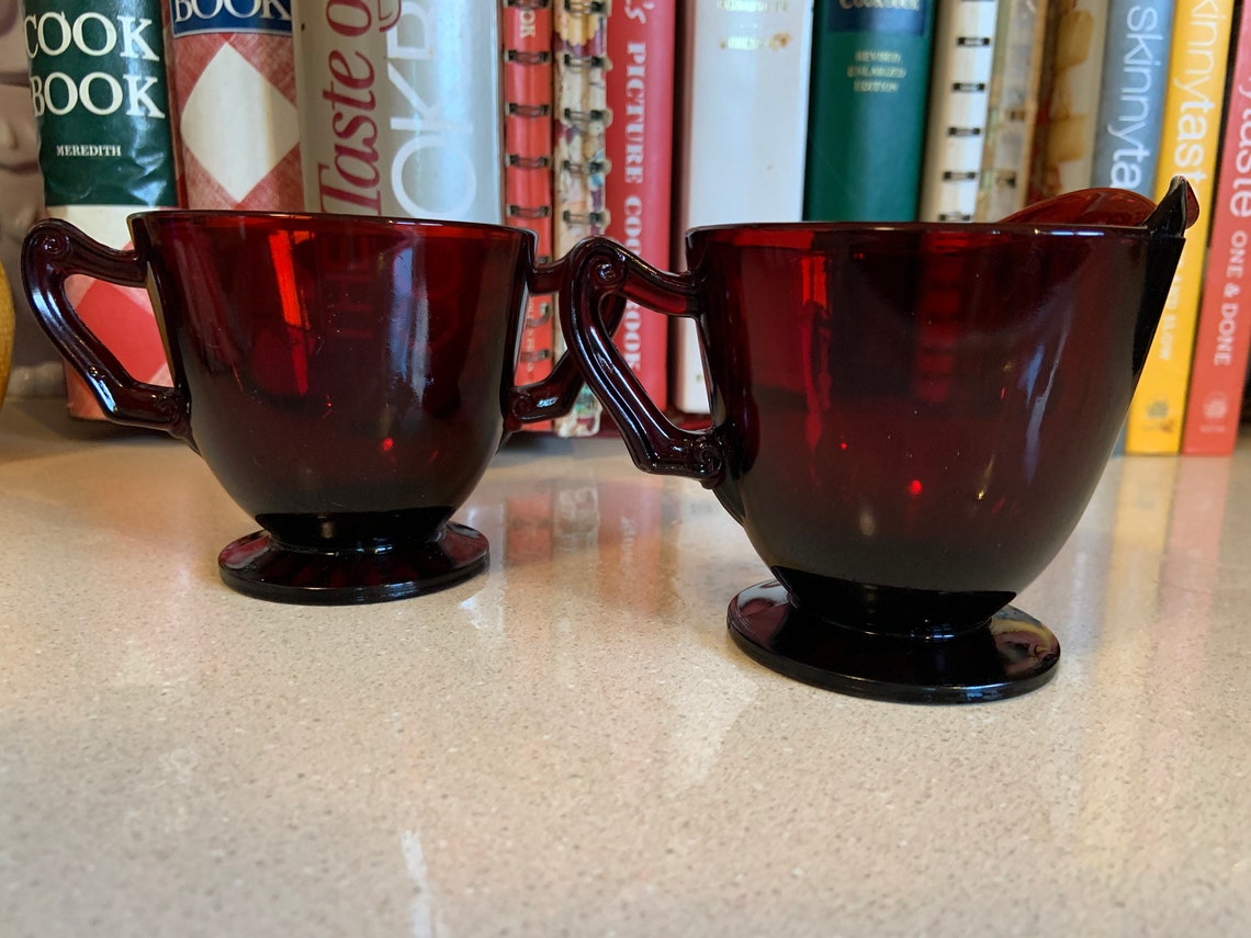 Vintage Anchor Hocking Ruby Red Glass Set: Cups, Sugar Bowl, Creamer ...