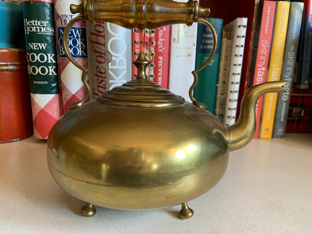 Vintage Brass Footed Hammered Toddy or Tea Kettle With Amber Handle ...