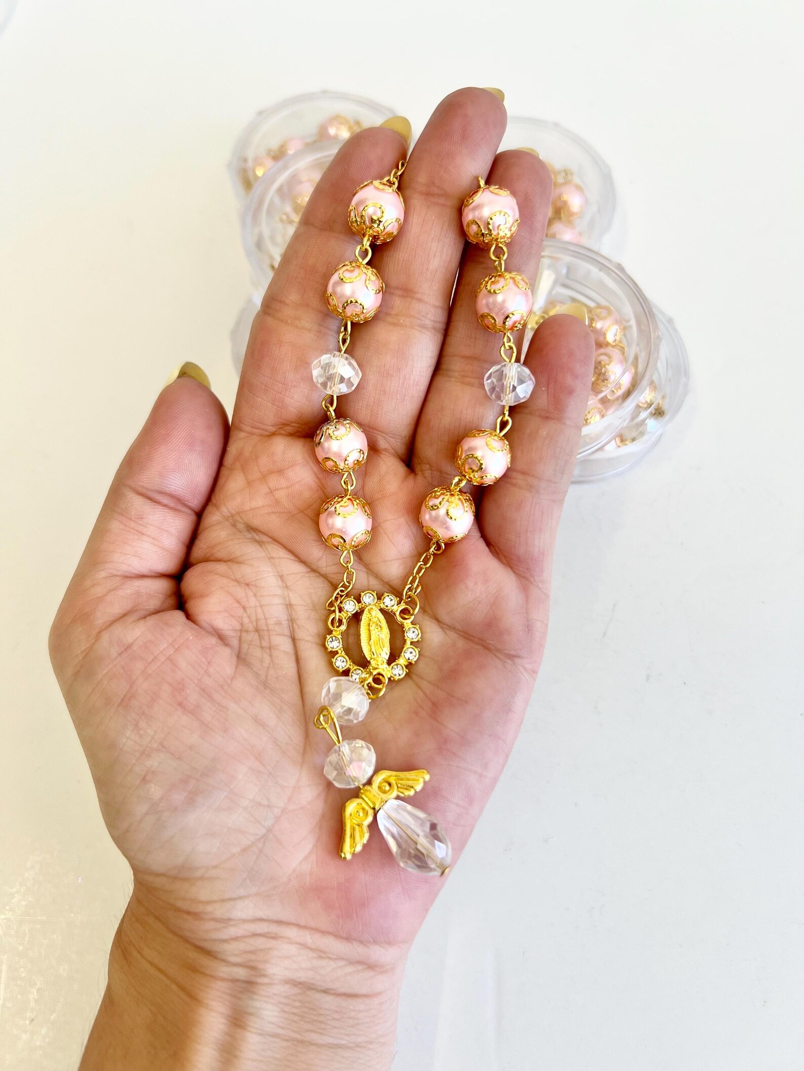 7.5" Peach Gold Rosaries Set of 12, Rosaries With Angel, Baptism Favors ...