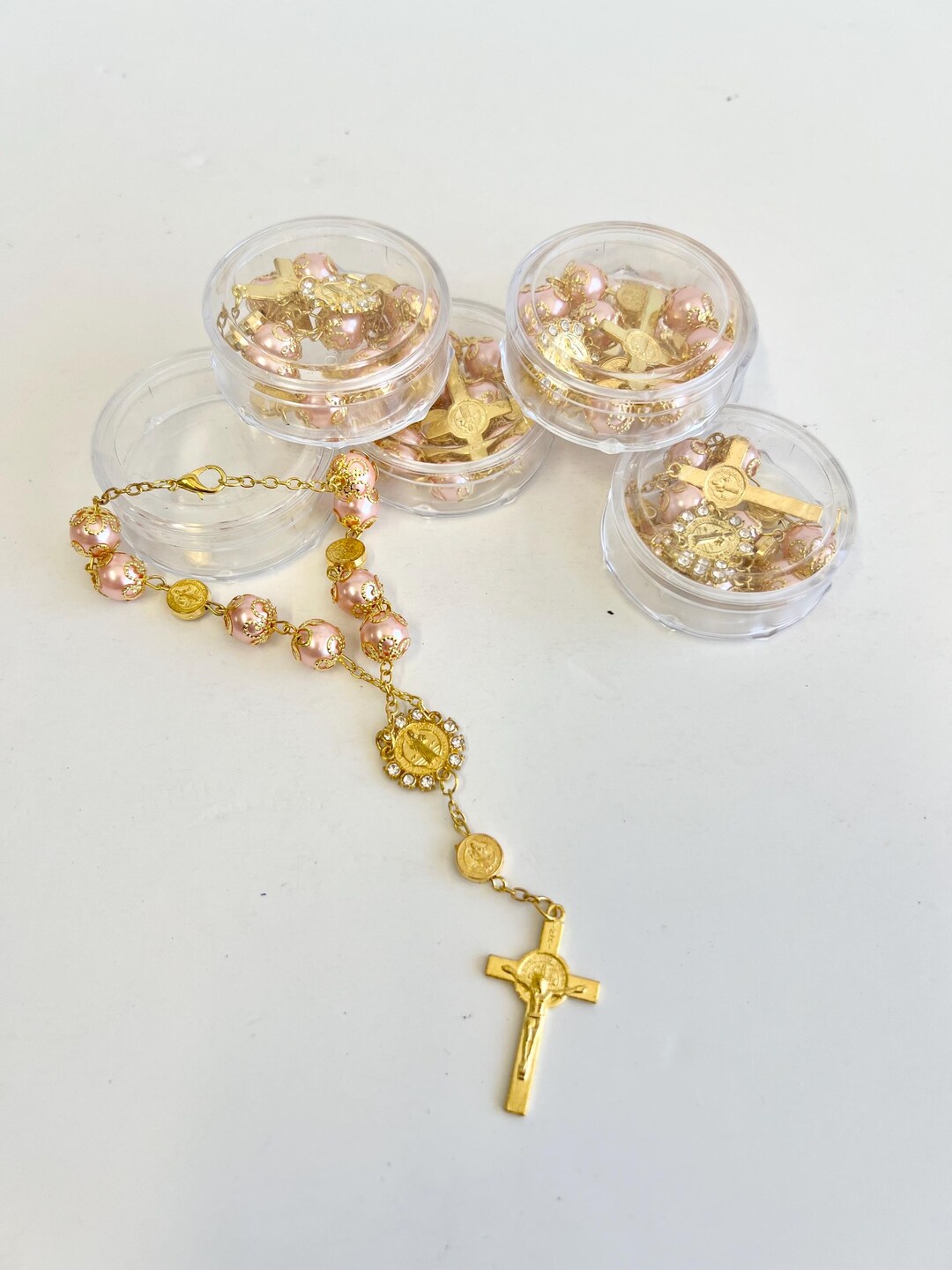 7.5" Peach Gold Rosaries Set of 12, Rosaries With Cross, Baptism Favors ...