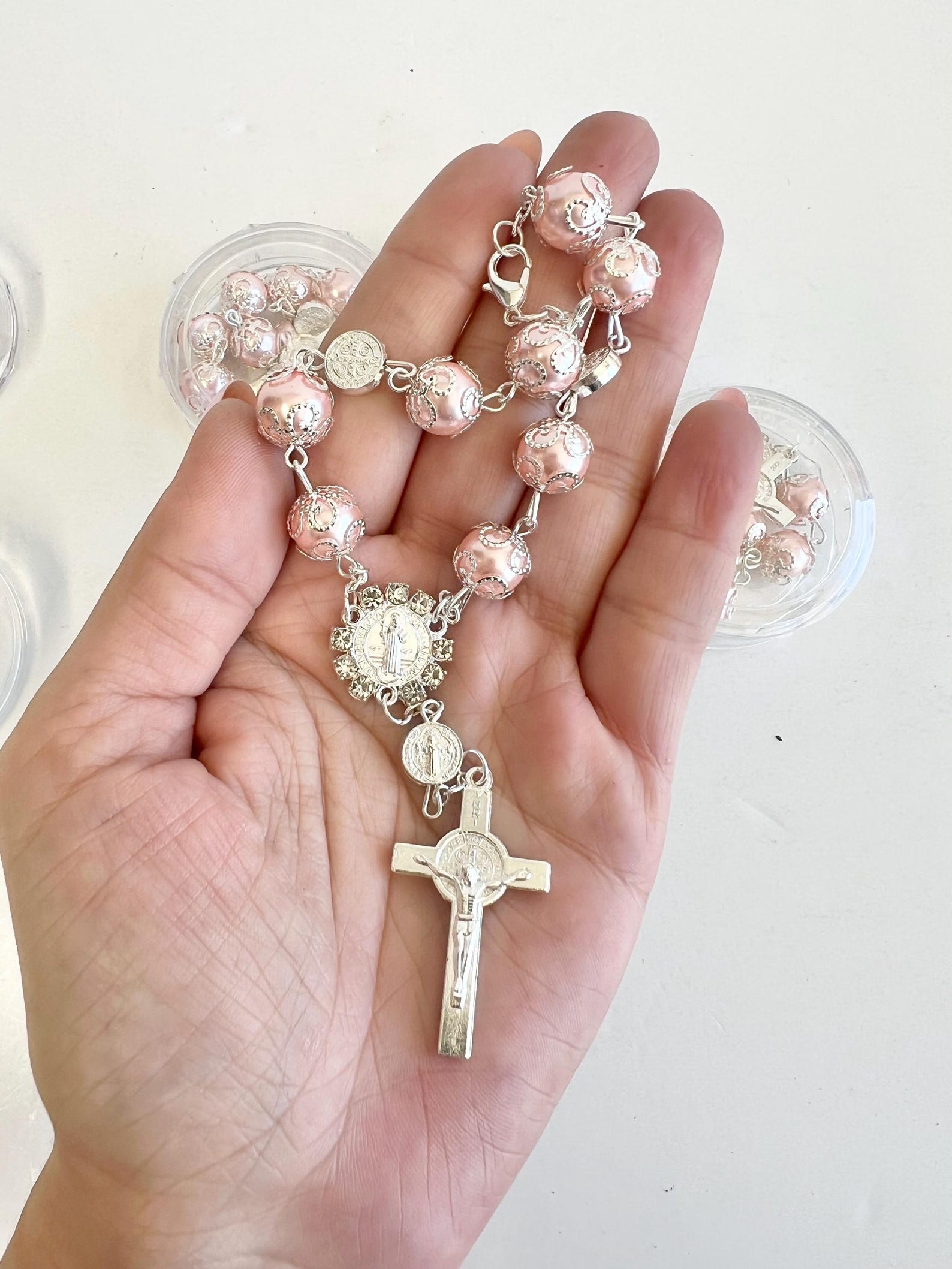 7.5" Peach Gold Rosaries Set of 12, Rosaries With Angel, Baptism Favors ...