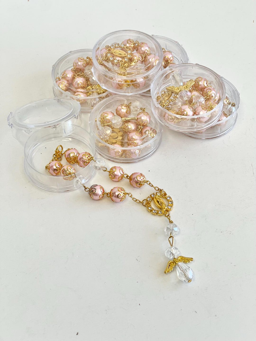 7.5" Peach Gold Rosaries Set of 12, Rosaries With Angel, Baptism Favors ...
