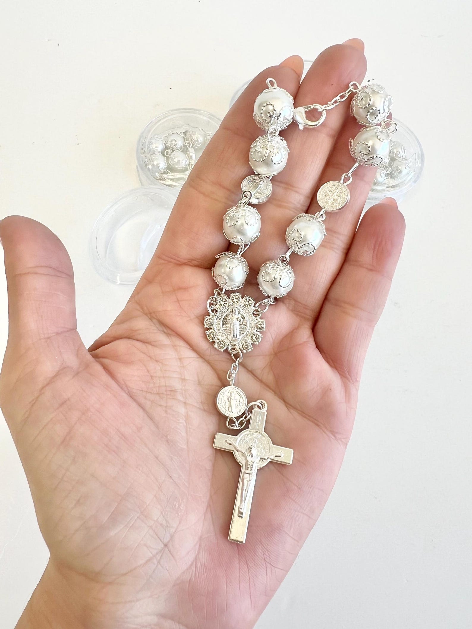 7.5" Peach Gold Rosaries Set of 12, Rosaries With Angel, Baptism Favors ...