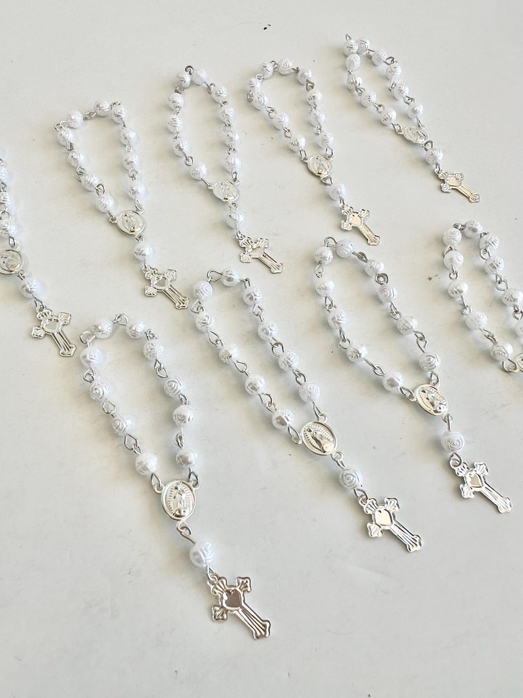 3.5" White Silver Miniature Rosaries, Rosaries With Cross, Baptism ...