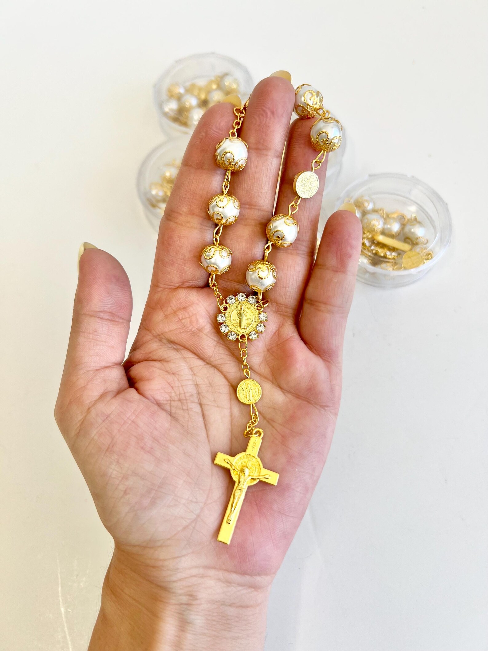 7.5" Peach Gold Rosaries Set of 12, Rosaries With Angel, Baptism Favors ...