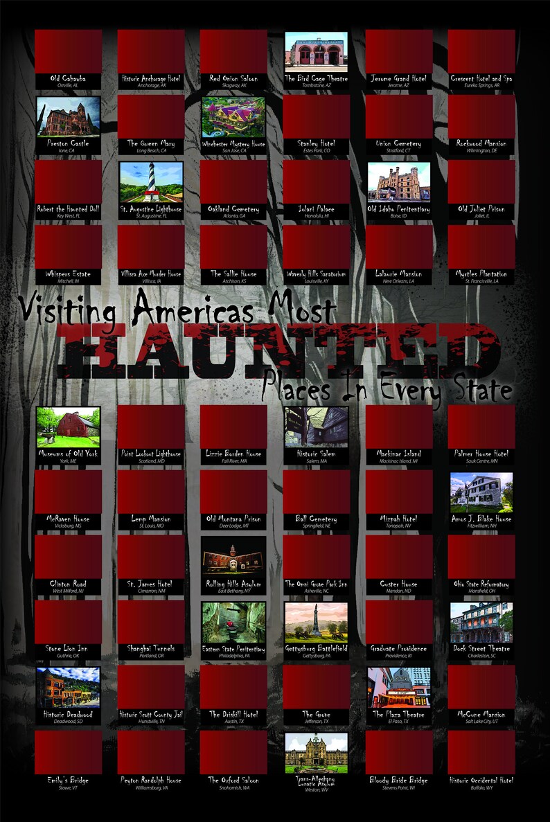 Haunted Places Scratch off Poster: USA Horror Travel Bucket List (12x18 ...