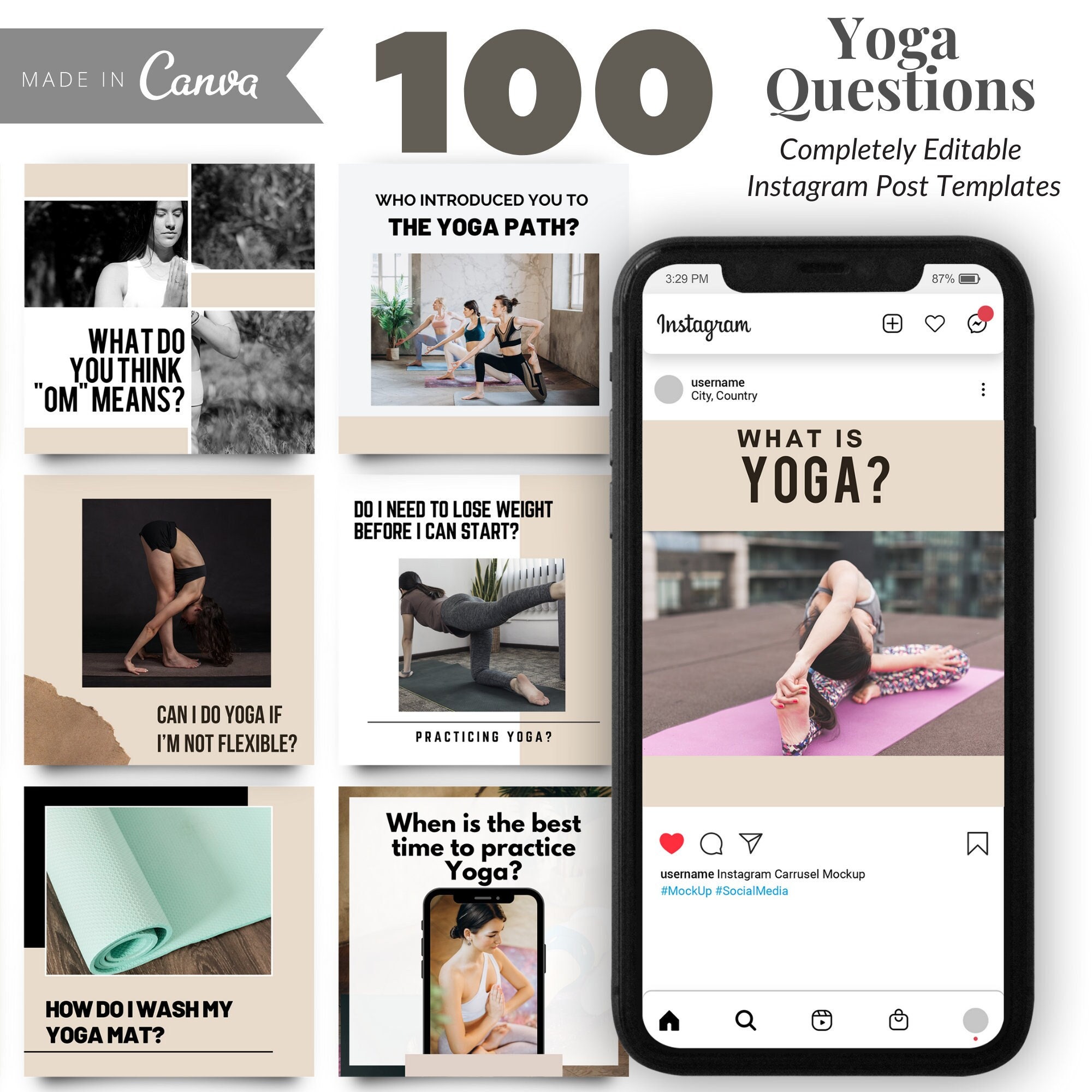 100 YOGA Questions Post Templates for Canva Market & Promote - Etsy