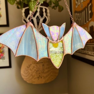 Medium Stained Glass Bat Sun Catcher Ornament, With Real Pressed ...