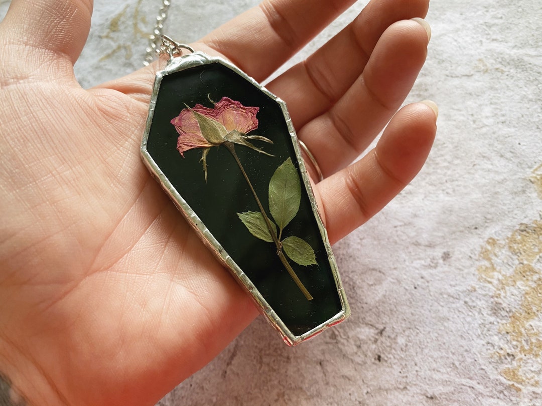 Stained Glass Coffin Necklace With Real Pressed Rose and Rustic ...