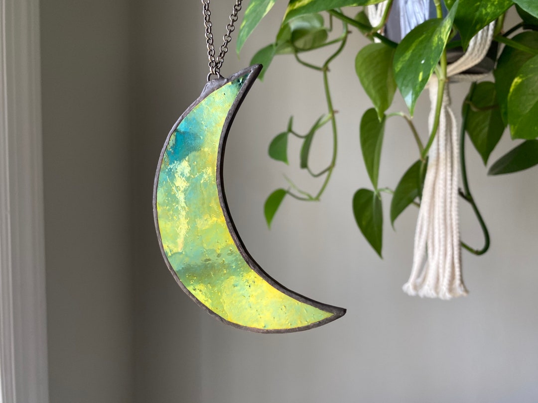 Stained Glass Crescent Moon Ornament: Iridescent Green on Black - Etsy