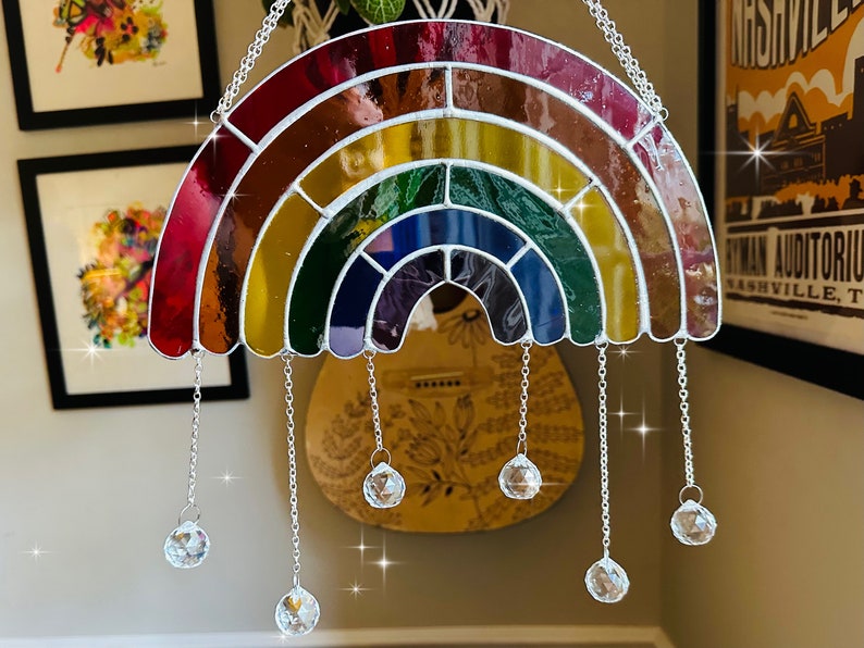 Large Stained Glass Rainbow Suncatcher With Crystals - Etsy