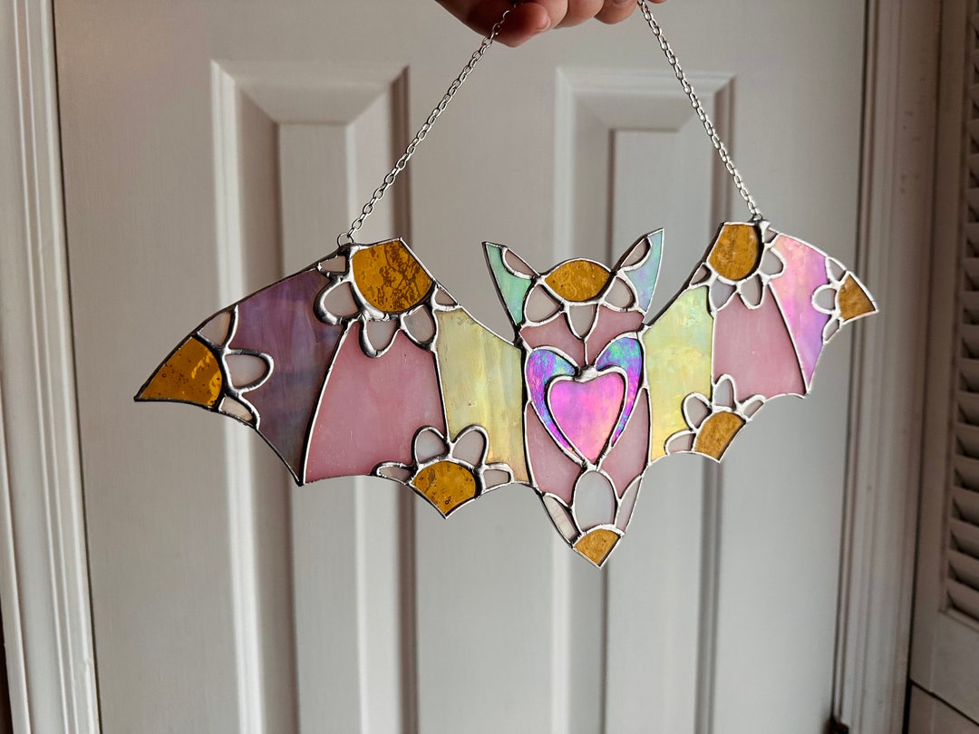 Large Stained Glass Bat Sun Catcher Ornament, With Pink Background and ...