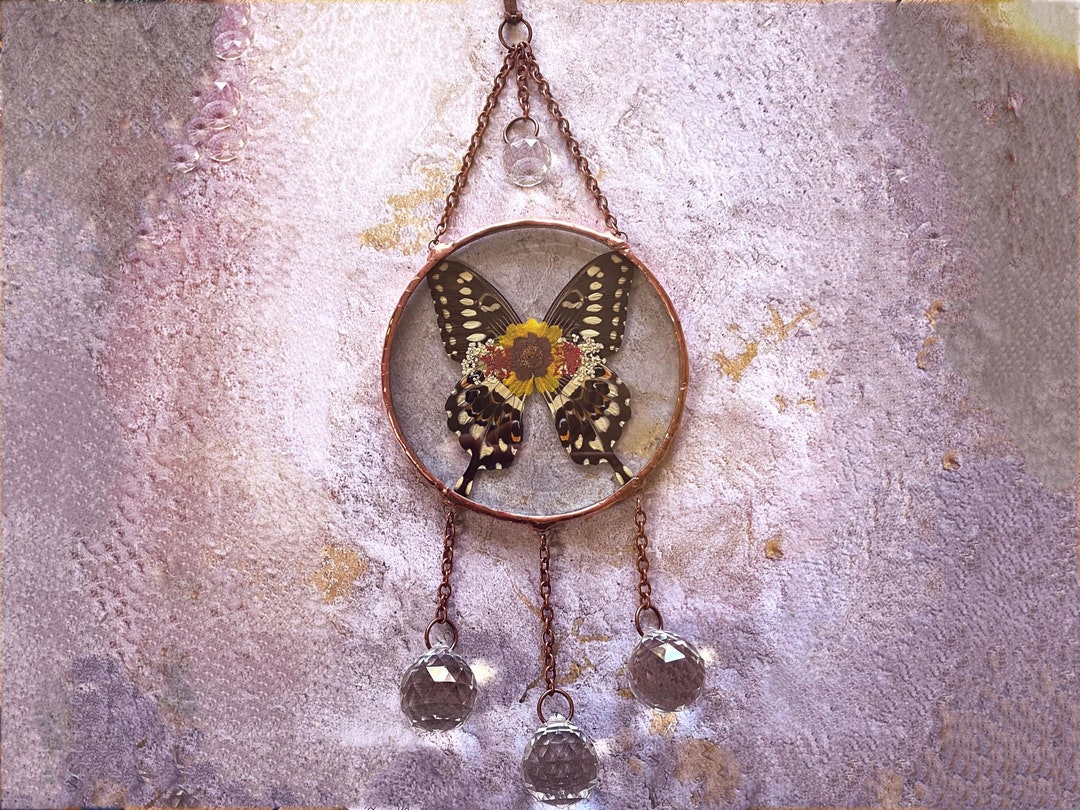 Pressed Flower Swallowtail Moth Wing Suncatcher: Copper Patina Crystal ...