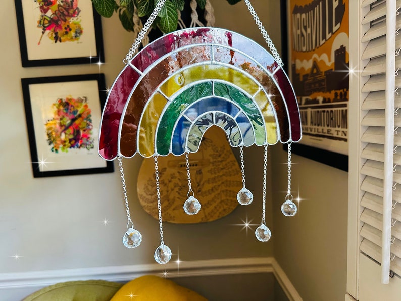 Large Stained Glass Rainbow Suncatcher With Crystals - Etsy