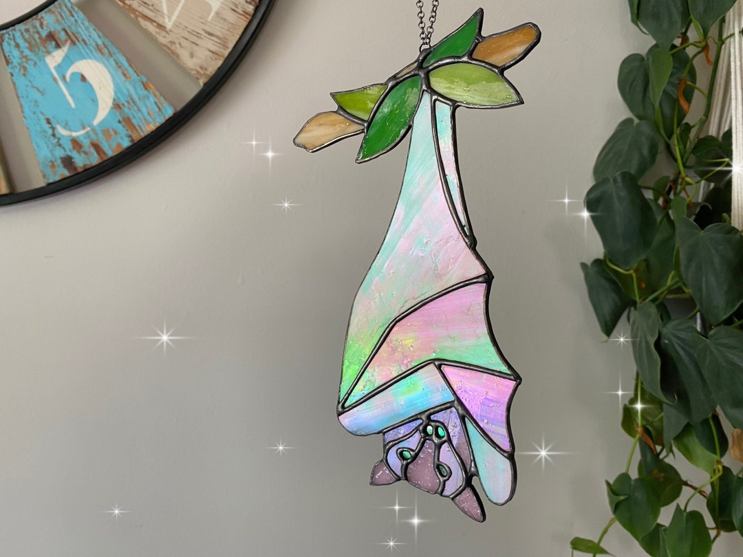 Large Stained Glass Bat Sun Catcher Ornament, Hanging Bat, Rustic ...