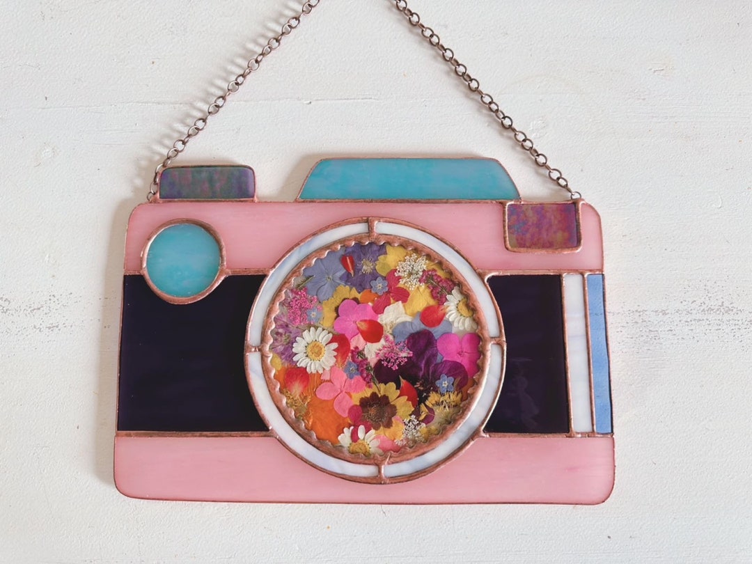 Stained Glass Camera Suncatcher: Pressed Flowers, Iridescent Boho Decor ...