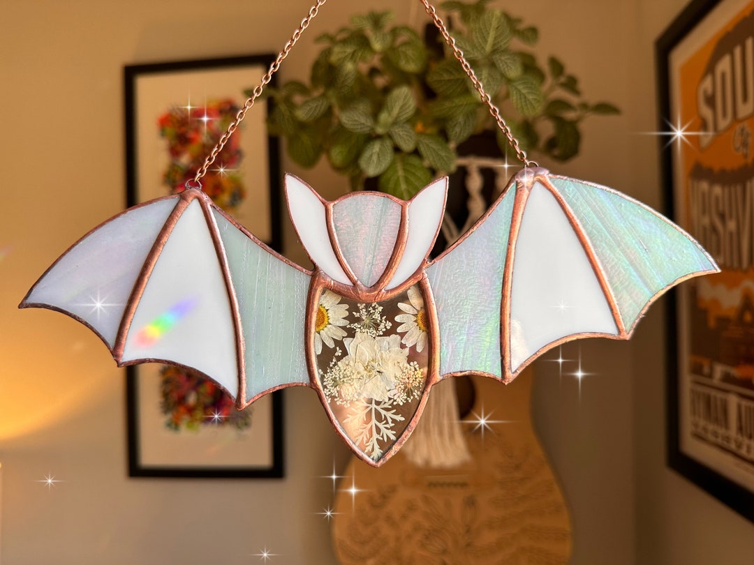 Stained Glass Bat Suncatcher: Pressed Daisy Flowers & Rustic Solder - Etsy